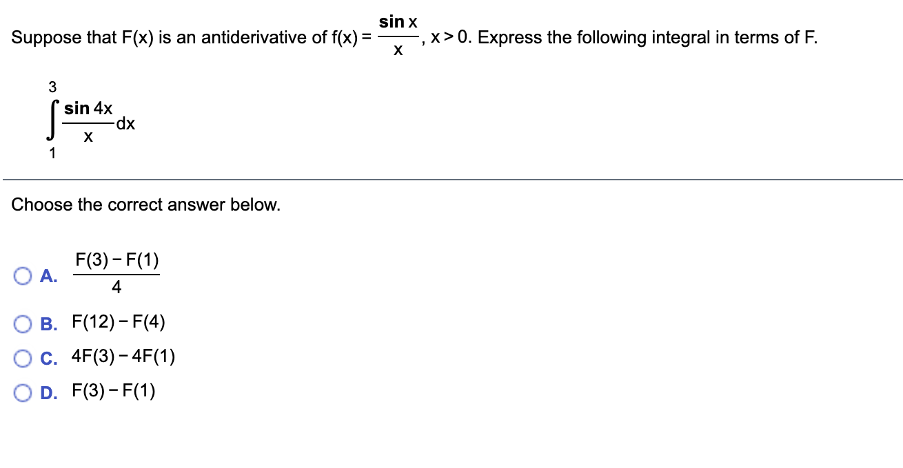 Solved sin x Suppose that F(x) is an antiderivative of f(x) | Chegg.com