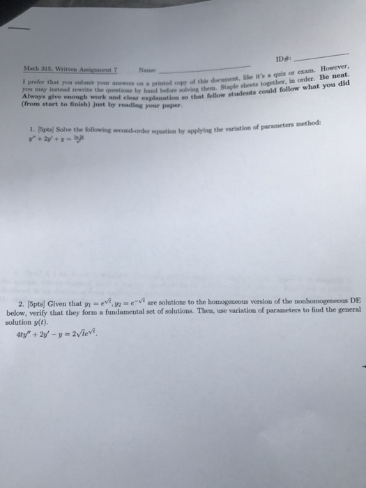 Solved ID# Math 315. Written Assignment 7 Name it's or neat. | Chegg.com