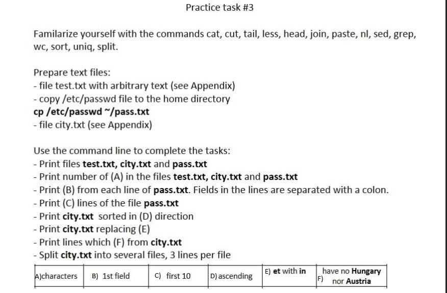 Familarize yourself with the commands cat, cut, tail, | Chegg.com