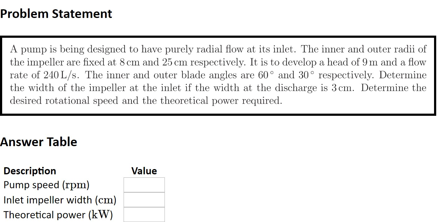 Solved Problem Statement A pump is being designed to have | Chegg.com