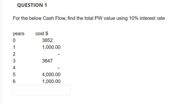 Solved For the below Cash Flow, find the total PW value | Chegg.com