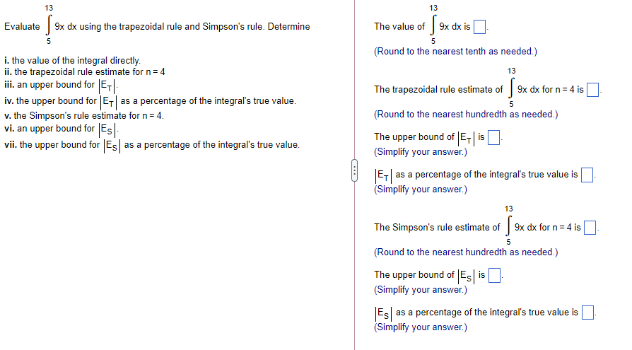 Solved 13 13 5 Evaluate s 9x dx using the trapezoidal rule | Chegg.com
