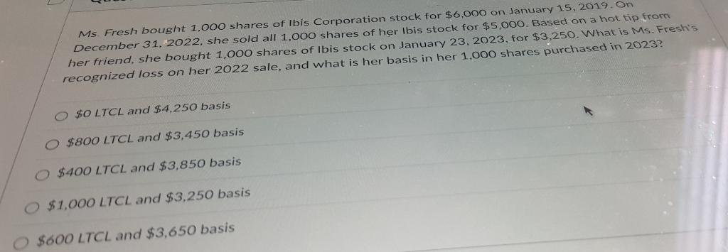 Solved Ms. Fresh bought 1,000 shares of Ibis Corporation | Chegg.com