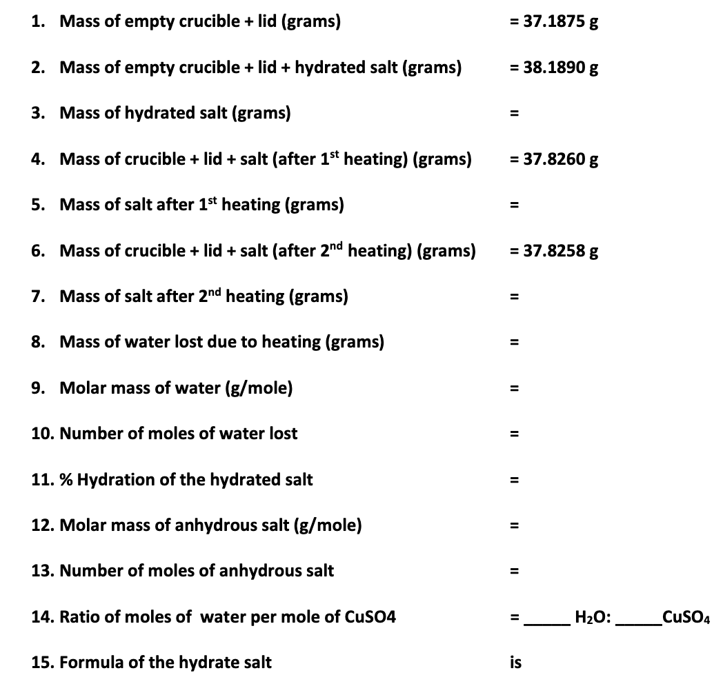 Solved 1. Mass of empty crucible + lid (grams) = 37.1875 g | Chegg.com