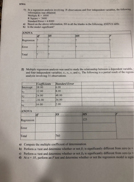 Solved In A Regression Analysis Involving 18 Observations 