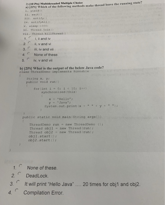 Solved 2 110 Pts Multithreaded Multiple Choice A 12pe