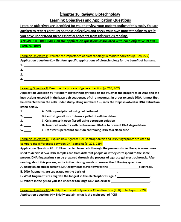 Solved Chapter 10 Review: Biotechnology Learning Objectives | Chegg.com