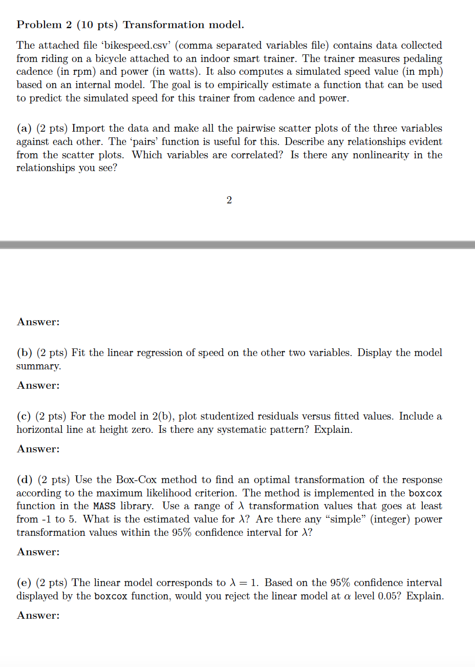 Problem 2 (10 pts) Transformation model. The attached | Chegg.com