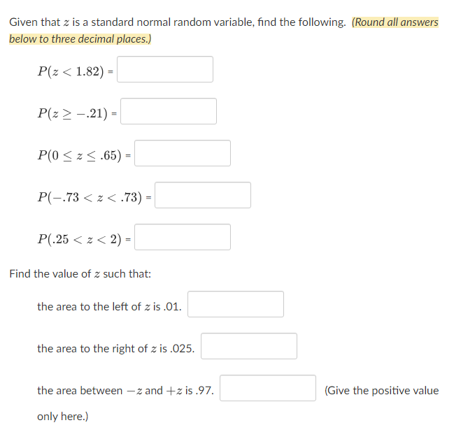 Solved Given that z is a standard normal random variable, | Chegg.com