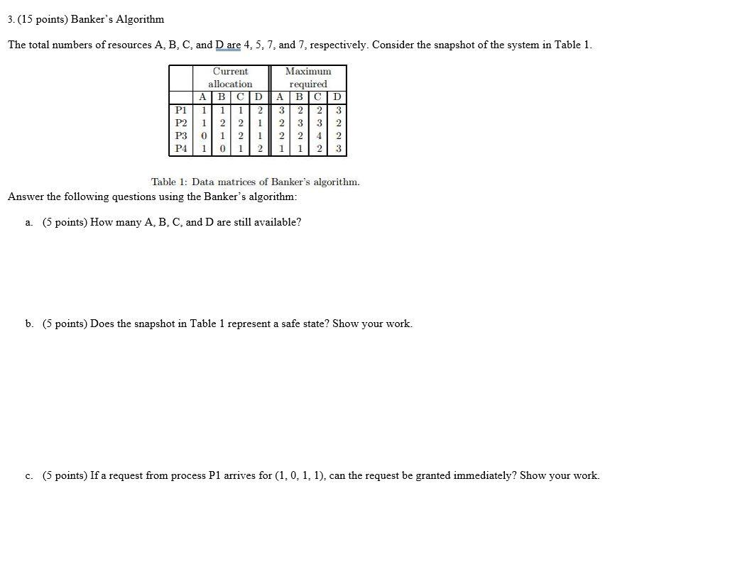 Solved 3. (15 points) Banker's Algorithm The total numbers | Chegg.com