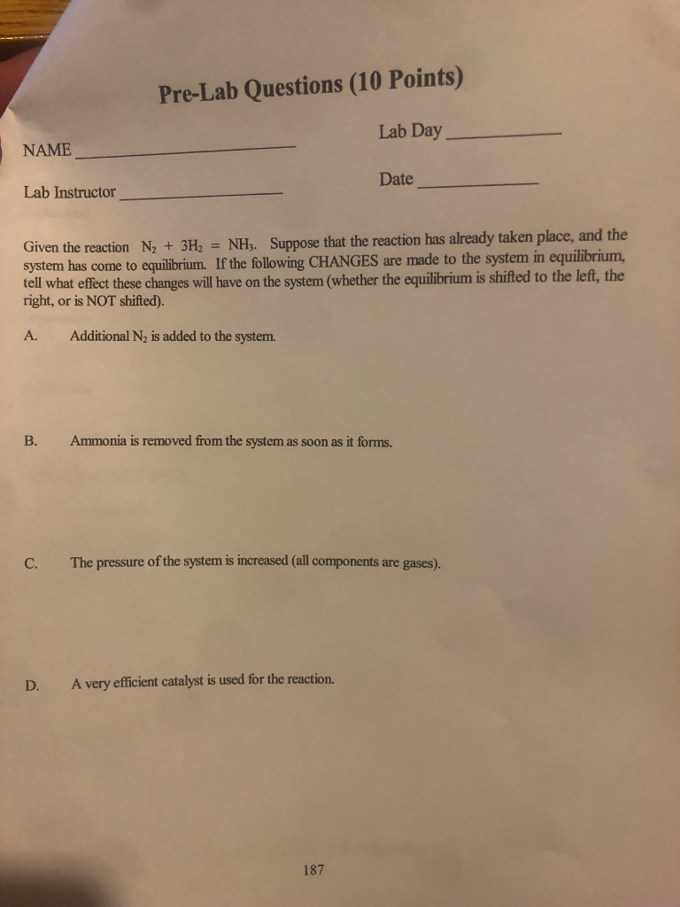 Solved Pre-Lab Questions (10 Points) Lab Day NAME Date Lab | Chegg.com