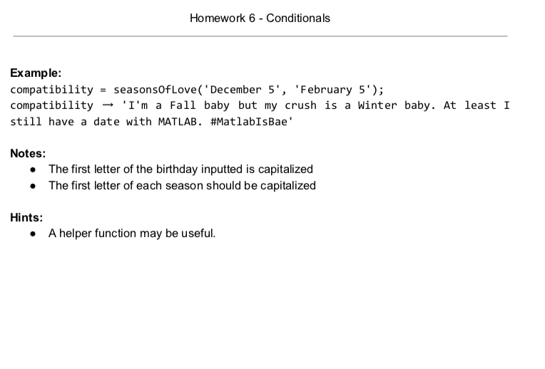 Solved Homework 6-Conditionals Function Name: seasonsOfLove | Chegg.com