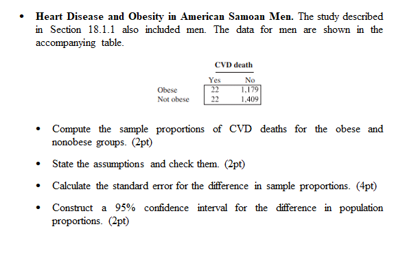Solved Heart Disease and Obesity in American Samoan Men. The | Chegg.com