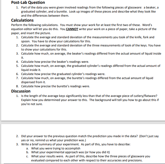 Post-Lab Question 1. Part of the data you were given | Chegg.com