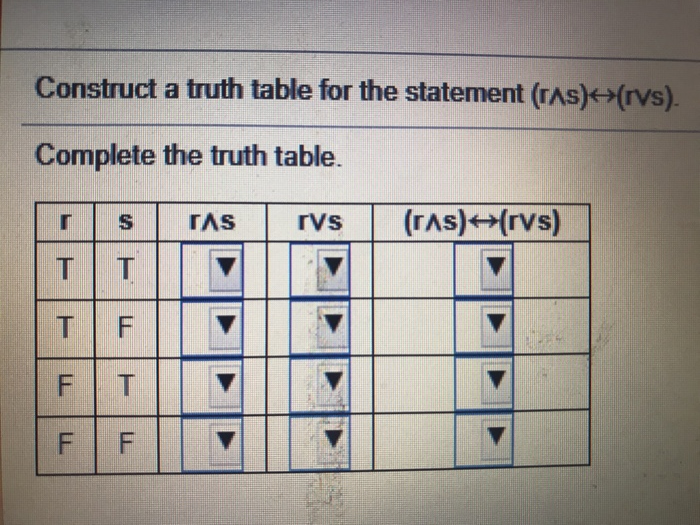 Solved Construct a truth table for the staterment (rAs)(rvs) | Chegg.com