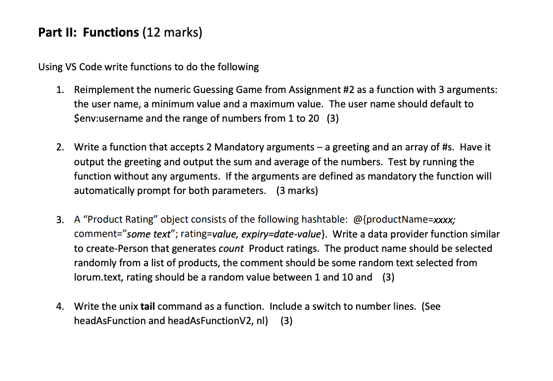 Part II: Functions (12 marks) Using VS Code write | Chegg.com
