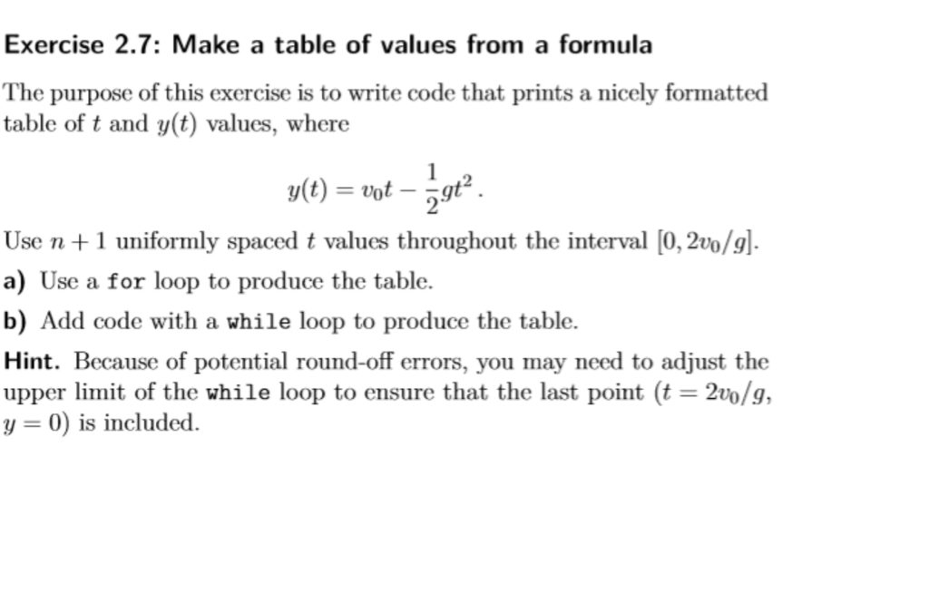 Solved Exercise 2.7: Make a table of values from a formula | Chegg.com