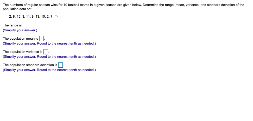 Solved The numbers of regular season wins for 10 football | Chegg.com
