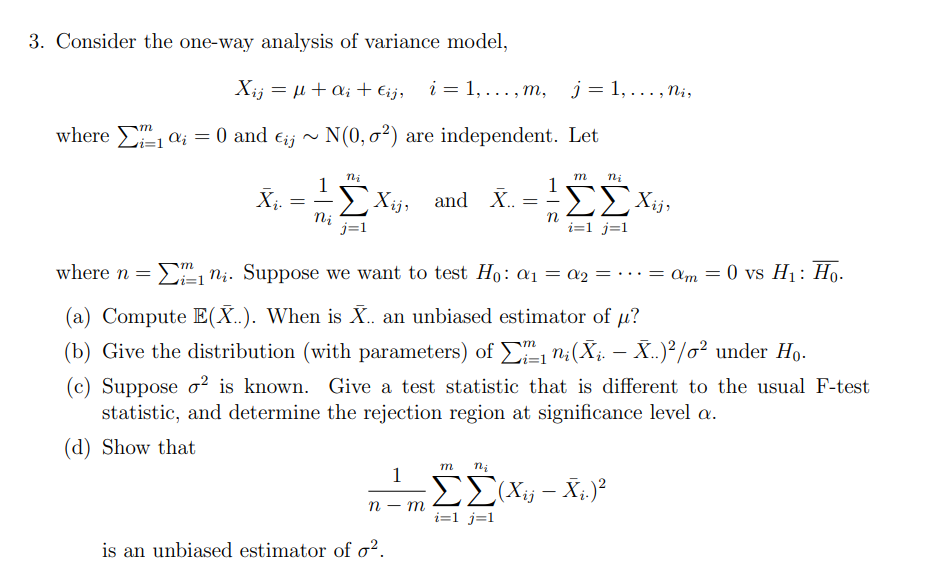 Solved 3. Consider the one-way analysis of variance model, | Chegg.com