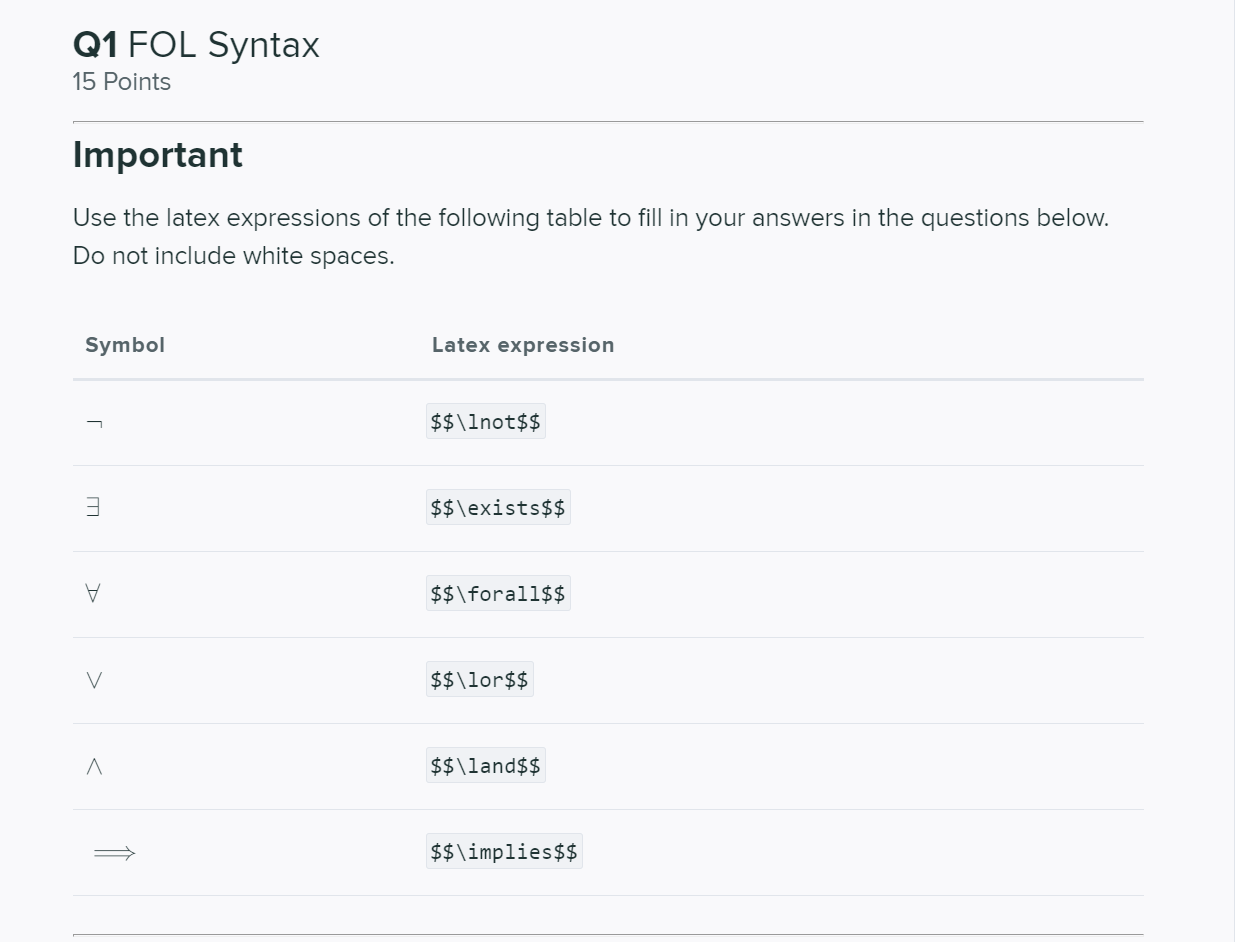 Solved Q1 FOL Syntax 15 Points Important Use the latex | Chegg.com