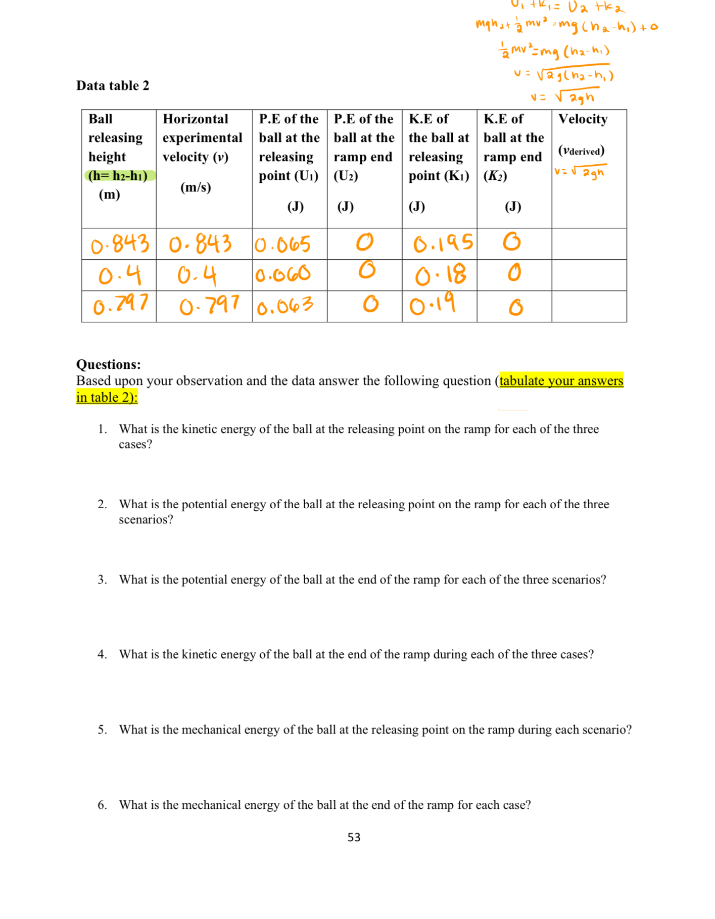 Solved Data table 2 =2g(h2−h1)v=2gh Questions: Based upon | Chegg.com