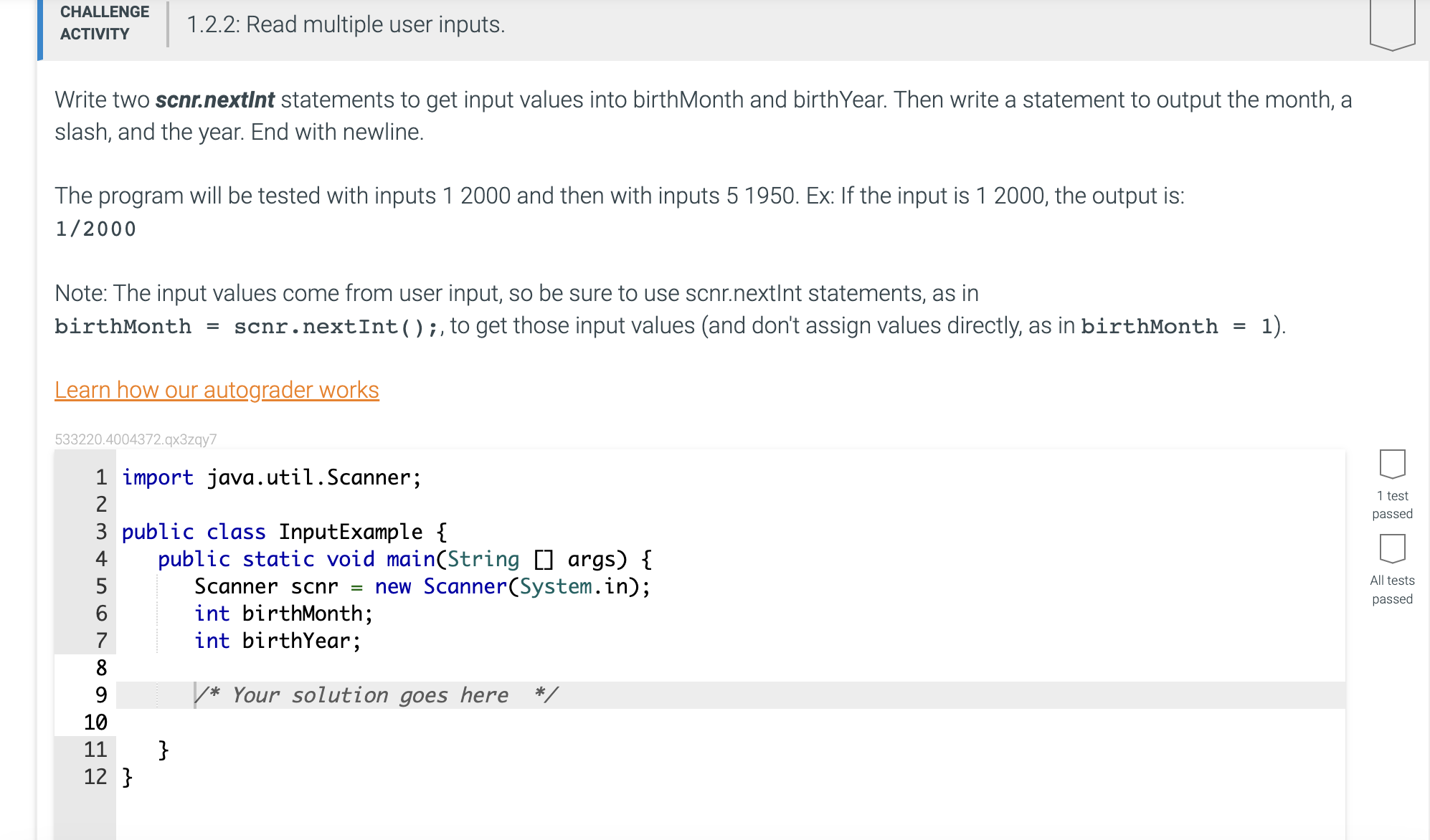 Solved Write two scnr.next/nt statements to get input values | Chegg.com