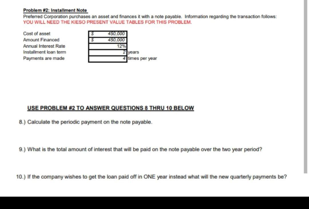 Solved Problem #2: Installment Note Preferred Corporation | Chegg.com