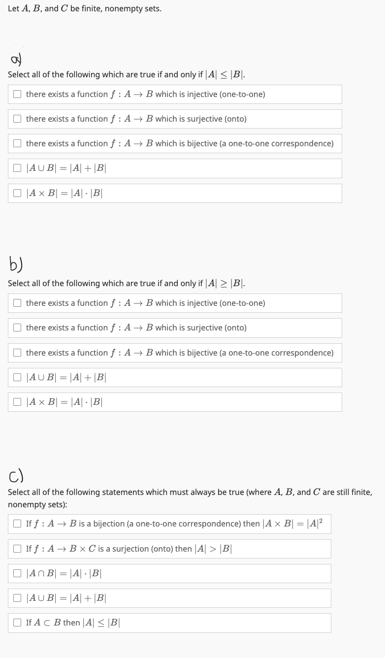 Let A,B, and C be finite, nonempty sets. a) Select | Chegg.com