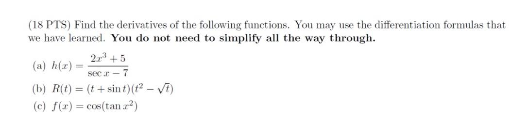 Solved (18 PTS) Find the derivatives of the following | Chegg.com