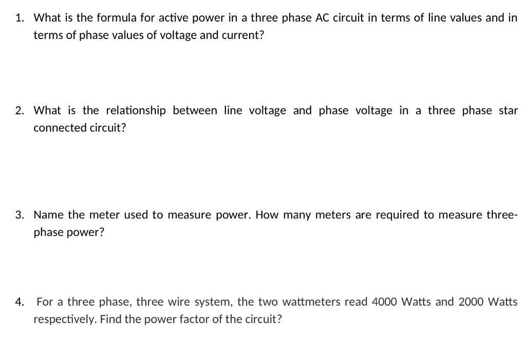 Solved 1. What is the formula for active power in a three | Chegg.com