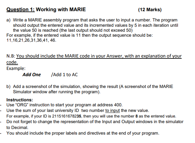 Solved Question 1: Working with MARIE (12 Marks) a) Write a | Chegg.com