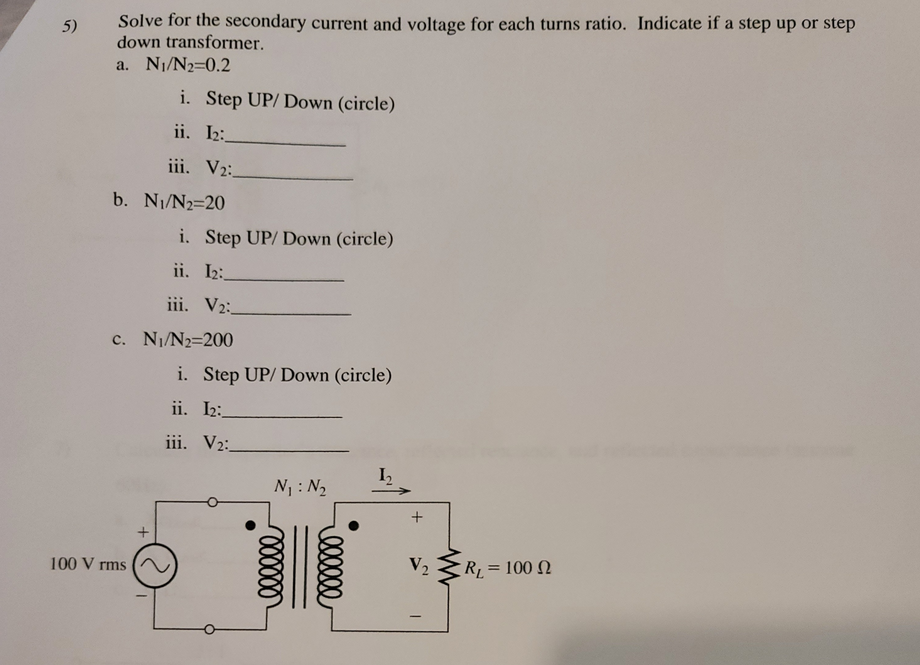 Solved Solve for the secondary current and voltage for each | Chegg.com