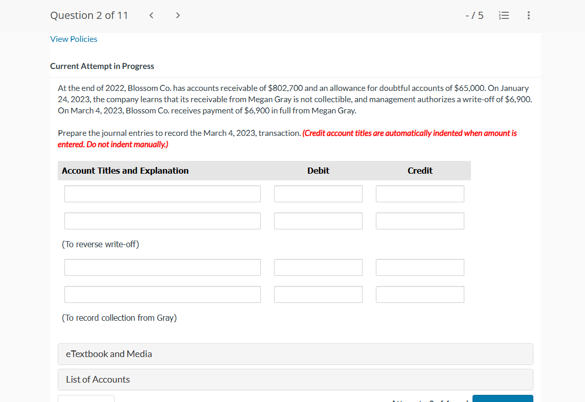 Solved At the end of 2022 , Blossom Co. has accounts | Chegg.com