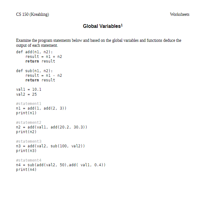 Solved CS 150 (Kreahling) Worksheets Global Variables1 | Chegg.com