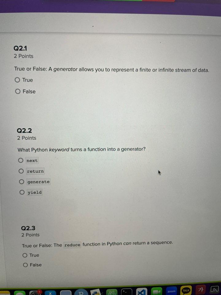 Solved 2 Points True or False: A generator allows you to | Chegg.com