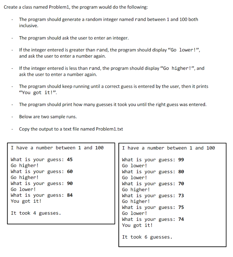 Create a class named Problem1, the program would do | Chegg.com