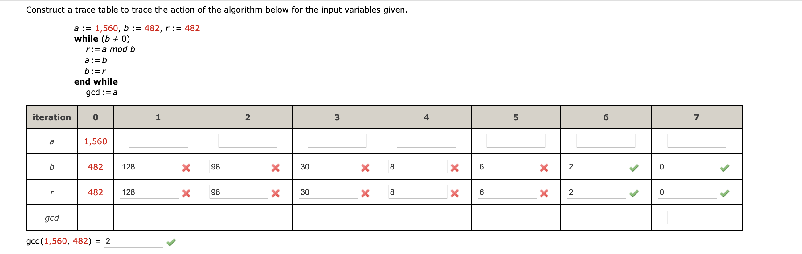 Solved Construct a trace table to trace the action of the | Chegg.com