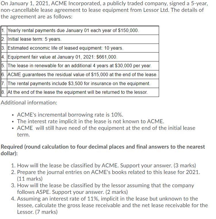 On January 1, 2021, ACME Incorporated, a publicly | Chegg.com