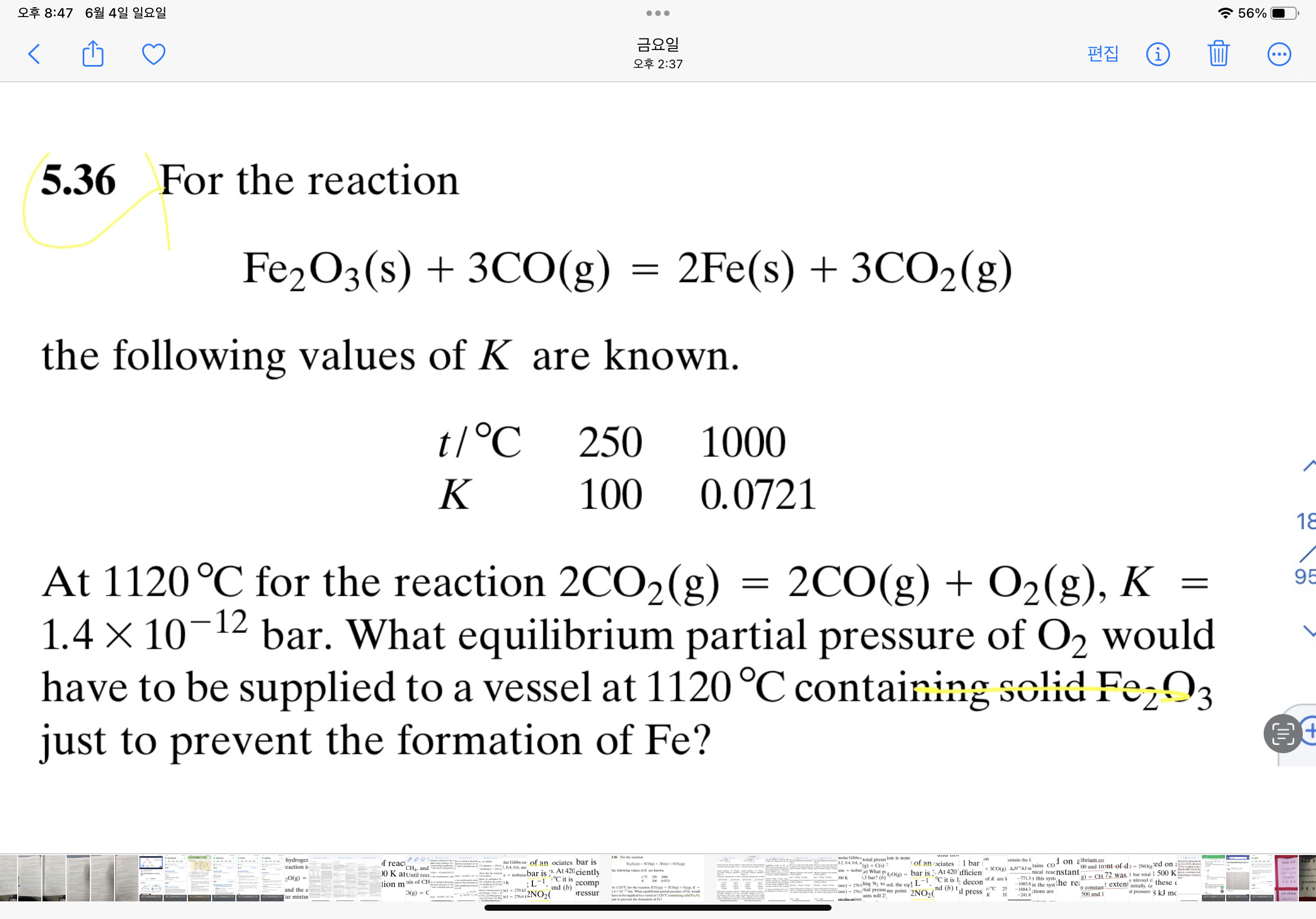 Solved 5.36 For the reaction Fe2O3( s)+3CO(g)=2Fe(s)+3CO2( | Chegg.com