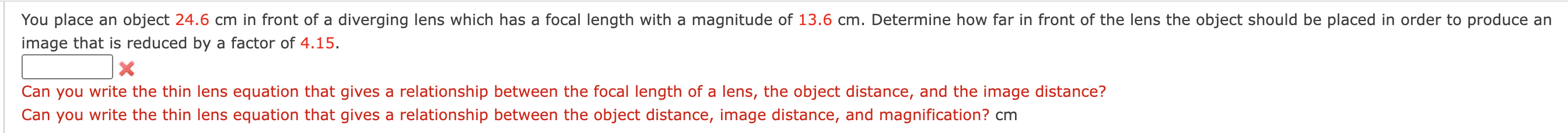 Solved You place an object 24.6 cm in front of a diverging | Chegg.com
