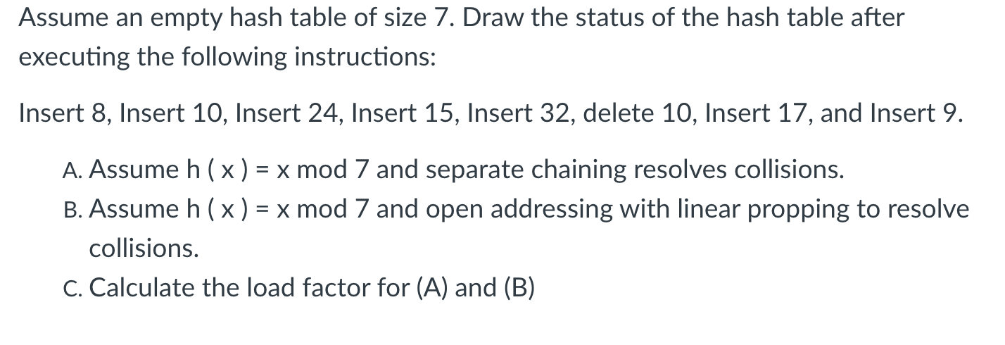 Solved Assume an empty hash table of size 7 . Draw the | Chegg.com Solved Assume an empty hash table of size 7 . Draw the | Chegg.com