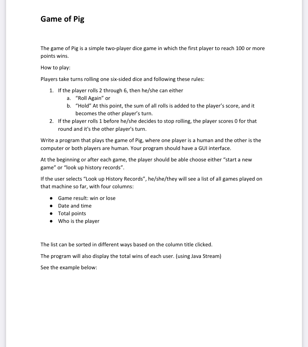 Game of PIg The game of Pig is a simple two-player | Chegg.com