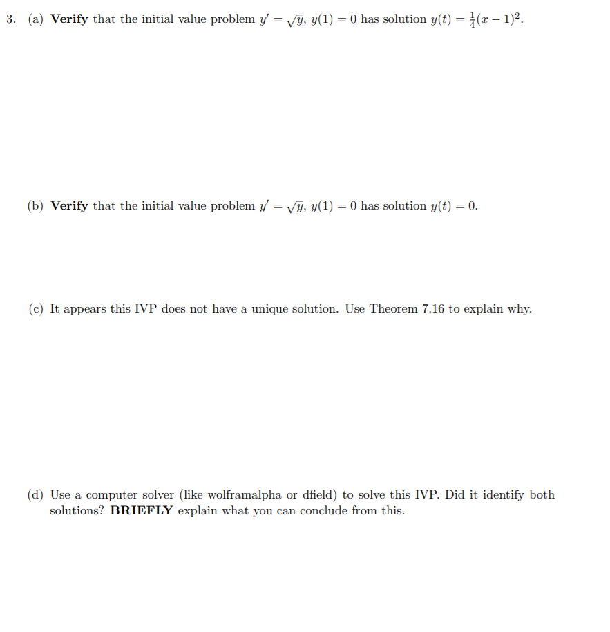 Solved 3 A Verify That The Initial Value Problem Y Vy 7359
