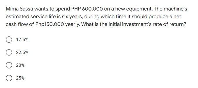 Solved Mima Sassa wants to spend PHP 600,000 on a new | Chegg.com