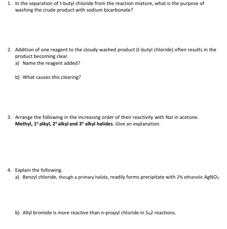 1 In The Separation Of T Butyl Chloride From The