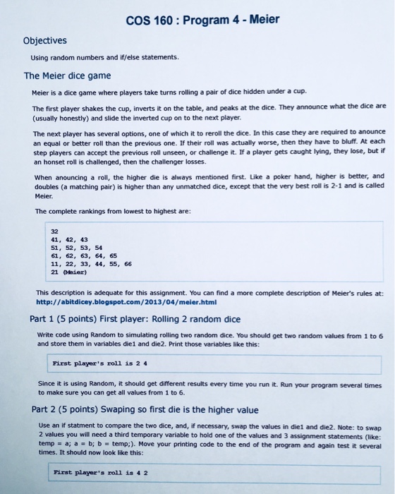 Solved coS 160 Program 4 - Meier Objectives Using random | Chegg.com