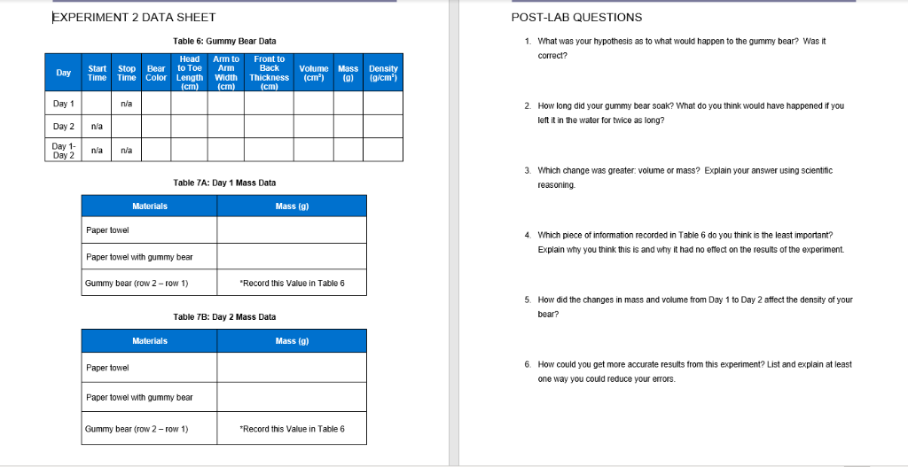 EXPERIMENT 2 DATA SHEET POST-LAB QUESTIONS Table 1... | Chegg.com
