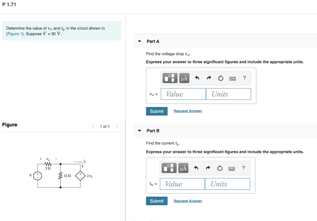 Solved P 1.71 Determine the value of V., and iy in the | Chegg.com