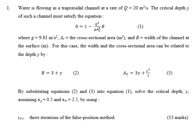 Solved 1. Water is flowing in a trapezoidal channel at a | Chegg.com