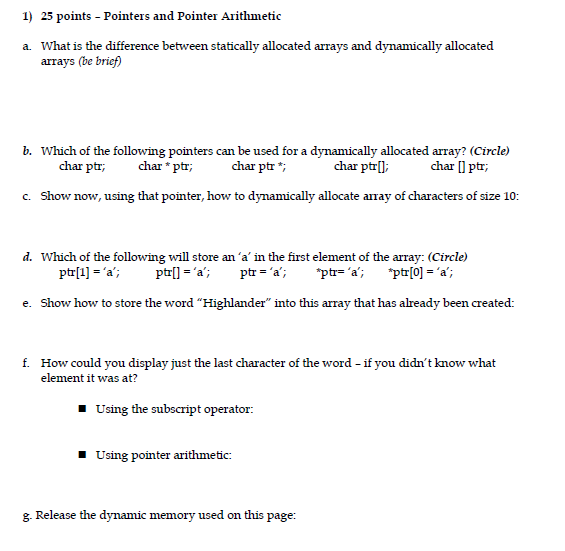 Solved 1) 25 points - Pointers and Pointer Arithmetic a. | Chegg.com